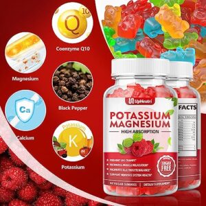 Potassium Magnesium Supplement Gummies for Adults Kids, Sugar-Free Potassium Citrate Gummies Supports Leg Cramps & Muscle & Heart Health, Vegan Magnesium Glycinate Gummies Raspberry Flavor 60 Cts