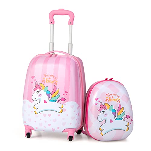 GYMAX Kids Carry On Luggage Set, 12" & 16" 2PCS Rolling Suitcase (Happy Pony)