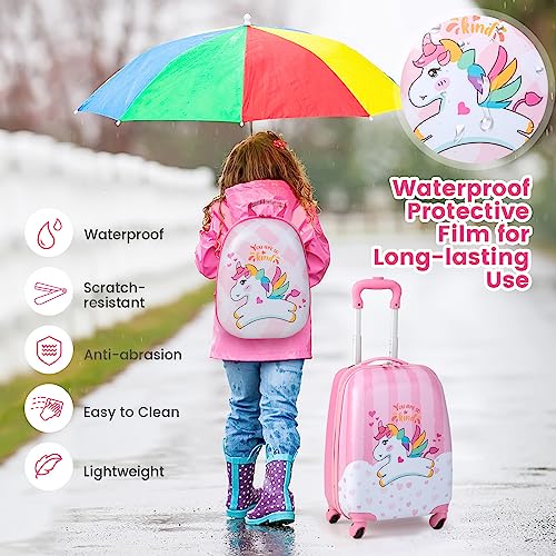 GYMAX Kids Carry On Luggage Set, 12" & 16" 2PCS Rolling Suitcase (Happy Pony)