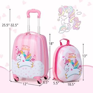 GYMAX Kids Carry On Luggage Set, 12" & 16" 2PCS Rolling Suitcase (Happy Pony)