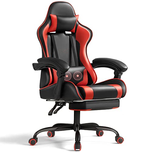 Shahoo Gaming Chair with Footrest and Massage Lumbar Support, Video Racing Seat Height Adjustable with 360°Swivel and Headrest for Office or Bedroom, Red