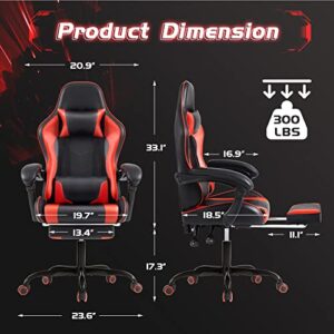 Shahoo Gaming Chair with Footrest and Massage Lumbar Support, Video Racing Seat Height Adjustable with 360°Swivel and Headrest for Office or Bedroom, Red