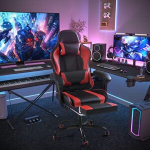 Shahoo Gaming Chair with Footrest and Massage Lumbar Support, Video Racing Seat Height Adjustable with 360°Swivel and Headrest for Office or Bedroom, Red