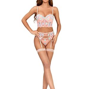 WDIRARA Women's Floral Lace Embroidered Push Up Garter Lingerie Set with Stockings Pink Multi M