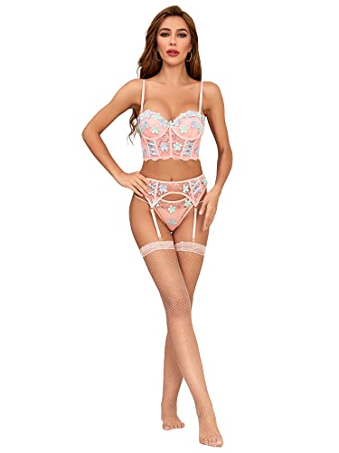 WDIRARA Women's Floral Lace Embroidered Push Up Garter Lingerie Set with Stockings Pink Multi M