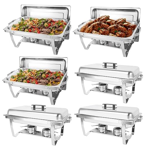 IMACONE 6 Pack Chafing Dish Buffet Set, 8QT Stainless Steel Rectangular Chafers and Buffet Warmer Sets for Catering, with Food & Water Pan, Lid, Foldable Frame, Fuel Holder for Event Party Holiday