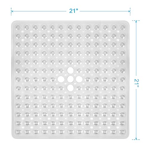 AmazerBath Shower Mat Non Slip 21 x 21 Inches, Square Shower Mat with Suction Cups and Drain Holes, Shower Stall Mat Machine Washable (Clear)