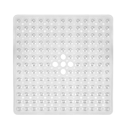 AmazerBath Shower Mat Non Slip 21 x 21 Inches, Square Shower Mat with Suction Cups and Drain Holes, Shower Stall Mat Machine Washable (Clear)