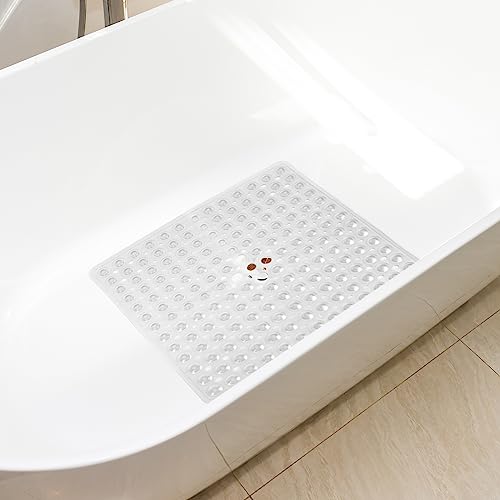 AmazerBath Shower Mat Non Slip 21 x 21 Inches, Square Shower Mat with Suction Cups and Drain Holes, Shower Stall Mat Machine Washable (Clear)