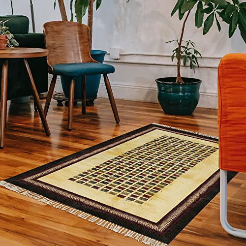 Casavani Hand Block Printed Cotton Dhurrie Geometric Yellow & Brown Area Rug Easy Washable Dhurrie Best Uses For Bedroom,Living Room,Dining Room,Bathroom,Kitchen 3x10 Feet Runner