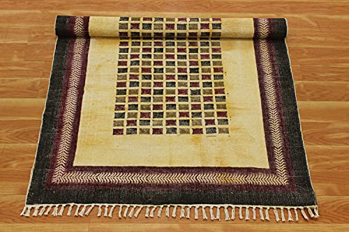 Casavani Hand Block Printed Cotton Dhurrie Geometric Yellow & Brown Area Rug Easy Washable Dhurrie Best Uses For Bedroom,Living Room,Dining Room,Bathroom,Kitchen 3x10 Feet Runner