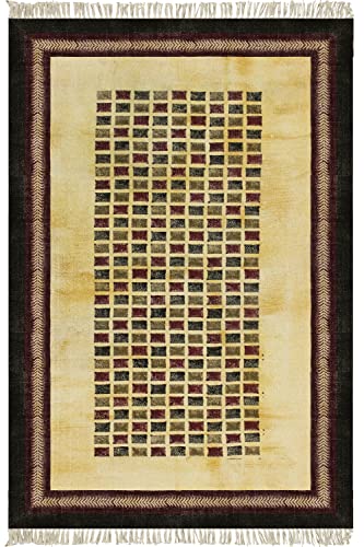 Casavani Hand Block Printed Cotton Dhurrie Geometric Yellow & Brown Area Rug Easy Washable Dhurrie Best Uses For Bedroom,Living Room,Dining Room,Bathroom,Kitchen 3x10 Feet Runner