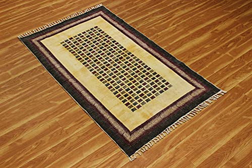 Casavani Hand Block Printed Cotton Dhurrie Geometric Yellow & Brown Area Rug Easy Washable Dhurrie Best Uses For Bedroom,Living Room,Dining Room,Bathroom,Kitchen 3x10 Feet Runner