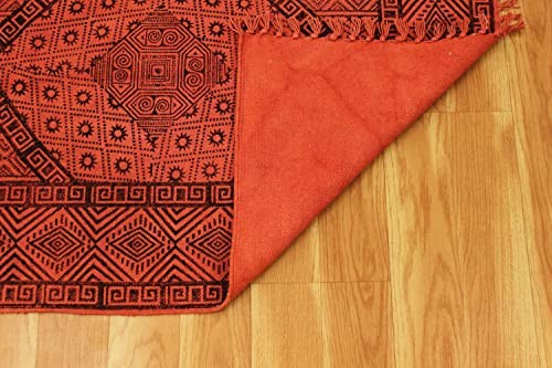 Casavani Hand Block Printed Area Rug Geometric Red Cotton Dhurrie Floor Carpet For Doormat Best Uses For Hallway Runner Rug Bedroom,Living Room,Dining Room,Purch 7x10 Feet