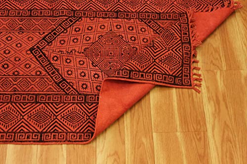 Casavani Hand Block Printed Area Rug Geometric Red Cotton Dhurrie Floor Carpet For Doormat Best Uses For Hallway Runner Rug Bedroom,Living Room,Dining Room,Purch 7x10 Feet