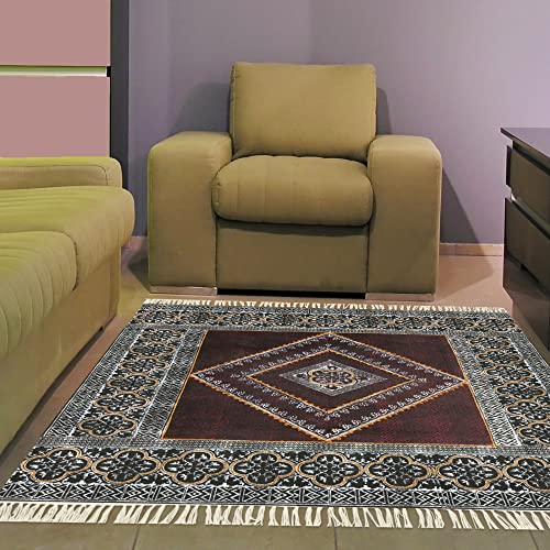 Casavani Hand Block Printed Cotton Carpet Geometric Brown Area Dhurrie Best Uses For Home/Office 5x8 Feet Rugs for Bedroom,Living Room,Kids Room,Hallway Enterway,Kitchen 8x11 Feet