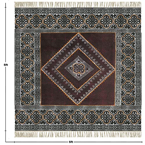 Casavani Hand Block Printed Cotton Carpet Geometric Brown Area Dhurrie Best Uses For Home/Office 5x8 Feet Rugs for Bedroom,Living Room,Kids Room,Hallway Enterway,Kitchen 8x11 Feet