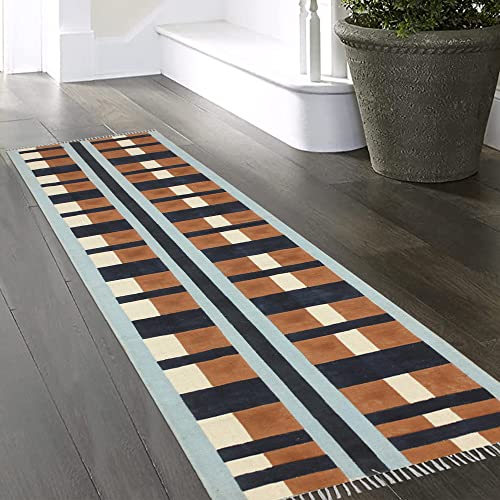 Casavani Indian Handmade Cotton Carpet Geometric Black & Multicolor Area Dhurrie Best Uses For Home/Office 4x8 Feet Rugs for Bedroom,Living Room,Kids Room,Hallway Enterway,Kitchen 8x8 Feet Square