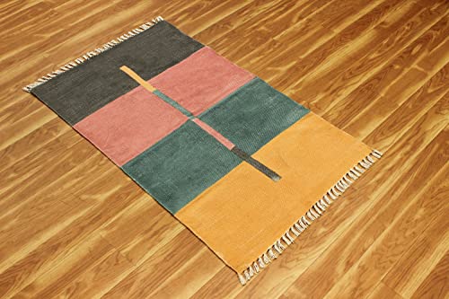 Casavani Indian Handmade Cotton Carpet Geometric Multicolor Area Dhurrie Best Uses For Home/Office 3x5 Feet Rugs for Bedroom,Living Room,Kids Room,Hallway Enterway,Kitchen 4x15 Feet Runner