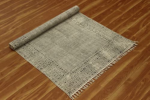 Casavani Indian Handmade Cotton Dhurrie Geometric Gray & Black Floor Carpet For Doormat Best Uses For Bedroom,Living Room,Dining Room,Kitchen,Purch,Balcony 6x8 Feet