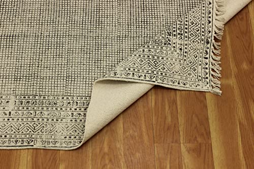 Casavani Indian Handmade Cotton Dhurrie Geometric Gray & Black Floor Carpet For Doormat Best Uses For Bedroom,Living Room,Dining Room,Kitchen,Purch,Balcony 6x8 Feet