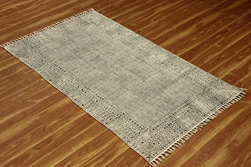 Casavani Indian Handmade Cotton Dhurrie Geometric Gray & Black Floor Carpet For Doormat Best Uses For Bedroom,Living Room,Dining Room,Kitchen,Purch,Balcony 6x8 Feet