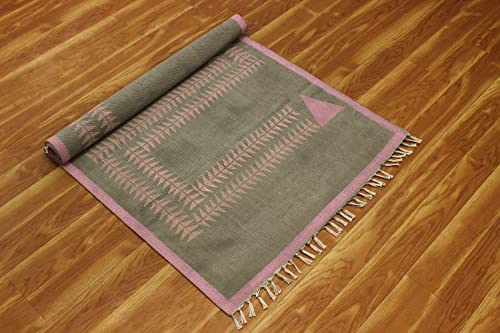 Casavani Hand Block Printed Area Rug Geometric Green & Pink Cotton Dhurrie Washable Kitchen Rugs with Tassels for Bedroom,Laundry,Living Room,Porch 4x6 5x8 2x3 Feet