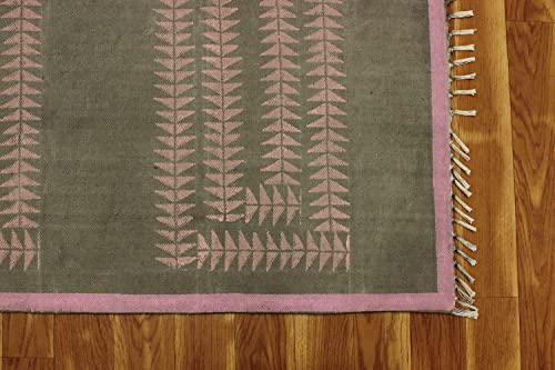 Casavani Hand Block Printed Area Rug Geometric Green & Pink Cotton Dhurrie Washable Kitchen Rugs with Tassels for Bedroom,Laundry,Living Room,Porch 4x6 5x8 2x3 Feet