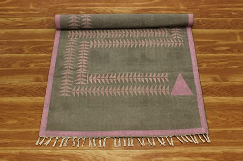 Casavani Hand Block Printed Area Rug Geometric Green & Pink Cotton Dhurrie Washable Kitchen Rugs with Tassels for Bedroom,Laundry,Living Room,Porch 4x6 5x8 2x3 Feet