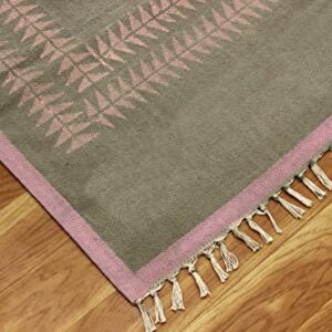 Casavani Hand Block Printed Area Rug Geometric Green & Pink Cotton Dhurrie Washable Kitchen Rugs with Tassels for Bedroom,Laundry,Living Room,Porch 4x6 5x8 2x3 Feet