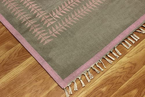 Casavani Hand Block Printed Area Rug Geometric Green & Pink Cotton Dhurrie Washable Kitchen Rugs with Tassels for Bedroom,Laundry,Living Room,Porch 4x6 5x8 2x3 Feet