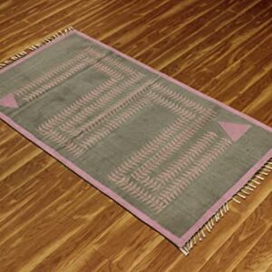 Casavani Hand Block Printed Area Rug Geometric Green & Pink Cotton Dhurrie Washable Kitchen Rugs with Tassels for Bedroom,Laundry,Living Room,Porch 4x6 5x8 2x3 Feet