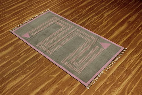 Casavani Hand Block Printed Area Rug Geometric Green & Pink Cotton Dhurrie Washable Kitchen Rugs with Tassels for Bedroom,Laundry,Living Room,Porch 4x6 5x8 2x3 Feet