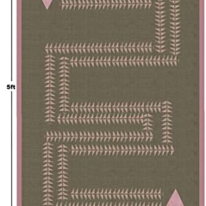 Casavani Hand Block Printed Area Rug Geometric Green & Pink Cotton Dhurrie Washable Kitchen Rugs with Tassels for Bedroom,Laundry,Living Room,Porch 4x6 5x8 2x3 Feet