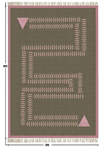 Casavani Hand Block Printed Area Rug Geometric Green & Pink Cotton Dhurrie Washable Kitchen Rugs with Tassels for Bedroom,Laundry,Living Room,Porch 4x6 5x8 2x3 Feet