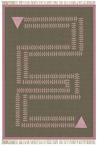 Casavani Hand Block Printed Area Rug Geometric Green & Pink Cotton Dhurrie Washable Kitchen Rugs with Tassels for Bedroom,Laundry,Living Room,Porch 4x6 5x8 2x3 Feet