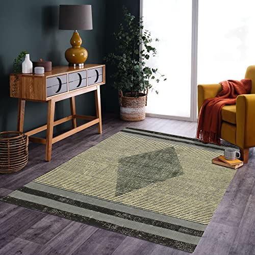 Casavani Hand Block Printed Area Rug Geometric Gray & Black Cotton Dhurrie Best Uses For Bedroom,Dining Room,Living Room,Balcony,Purch 4x6 5x8 6x9 Feet 4x12 Feet Runner