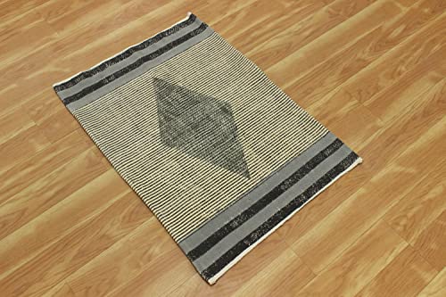 Casavani Hand Block Printed Area Rug Geometric Gray & Black Cotton Dhurrie Best Uses For Bedroom,Dining Room,Living Room,Balcony,Purch 4x6 5x8 6x9 Feet 4x12 Feet Runner