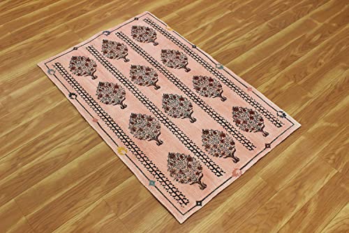 Casavani Indian Handmade Cotton Dhurrie Floral Beige Area Rug Floor Carpet For Doormat Best Uses For Bedroom,Living Room,Dining Room,Kitchen,Hallway Enterway 3x5 4x6 5x8 6x8 9x9 Feet Square