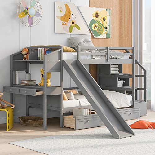 SIYSNKSI Twin Over Twin Bunk Bed with Storage Staircase and Slide, Wooden Bunk Bed Frame with Desk and Drawers, Multifunctional Bunk Bed for Kids Teens Adult Bedroom (Gray + Pine-Twin-04)