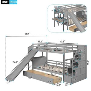 SIYSNKSI Twin Over Twin Bunk Bed with Storage Staircase and Slide, Wooden Bunk Bed Frame with Desk and Drawers, Multifunctional Bunk Bed for Kids Teens Adult Bedroom (Gray + Pine-Twin-04)