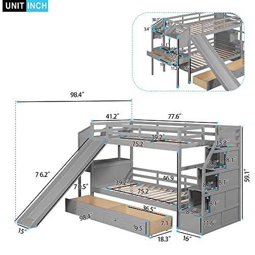 SIYSNKSI Twin Over Twin Bunk Bed with Storage Staircase and Slide, Wooden Bunk Bed Frame with Desk and Drawers, Multifunctional Bunk Bed for Kids Teens Adult Bedroom (Gray + Pine-Twin-04)