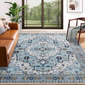 washable rug living room rugs: 8x10 area rug large boho medallion distressed carpets indoor soft floor anti slip carpet for under dining table bedroom farmhouse home office - cyan blue/beige