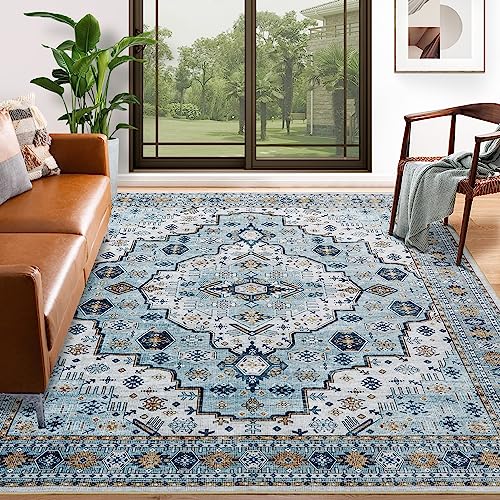 Washable Rug Living Room Rugs: 8x10 Area Rug Large Boho Medallion Distressed Carpets Indoor Soft Floor Anti Slip Carpet for Under Dining Table Bedroom Farmhouse Home Office - Cyan Blue/Beige