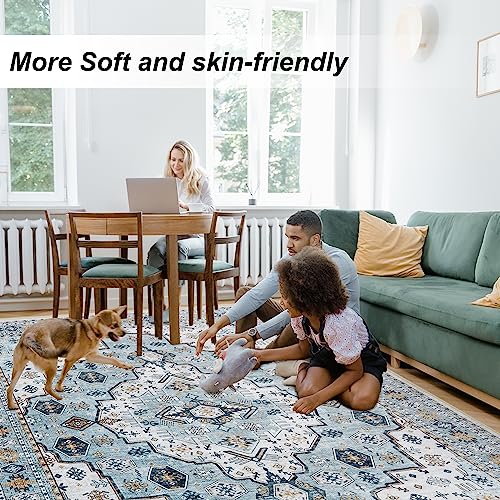 Washable Rug Living Room Rugs: 8x10 Area Rug Large Boho Medallion Distressed Carpets Indoor Soft Floor Anti Slip Carpet for Under Dining Table Bedroom Farmhouse Home Office - Cyan Blue/Beige