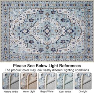 Washable Rug Living Room Rugs: 8x10 Area Rug Large Boho Medallion Distressed Carpets Indoor Soft Floor Anti Slip Carpet for Under Dining Table Bedroom Farmhouse Home Office - Cyan Blue/Beige