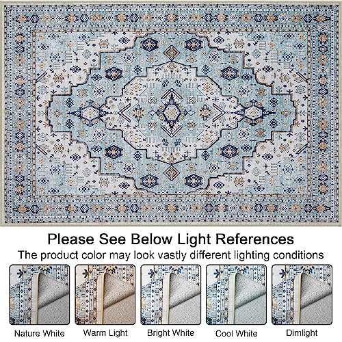 Washable Rug Living Room Rugs: 8x10 Area Rug Large Boho Medallion Distressed Carpets Indoor Soft Floor Anti Slip Carpet for Under Dining Table Bedroom Farmhouse Home Office - Cyan Blue/Beige