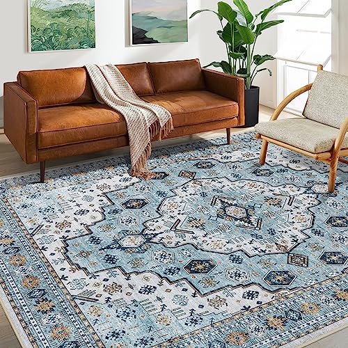 Washable Rug Living Room Rugs: 8x10 Area Rug Large Boho Medallion Distressed Carpets Indoor Soft Floor Anti Slip Carpet for Under Dining Table Bedroom Farmhouse Home Office - Cyan Blue/Beige