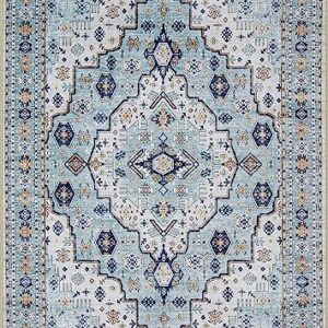 Washable Rug Living Room Rugs: 8x10 Area Rug Large Boho Medallion Distressed Carpets Indoor Soft Floor Anti Slip Carpet for Under Dining Table Bedroom Farmhouse Home Office - Cyan Blue/Beige