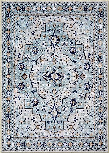 Washable Rug Living Room Rugs: 8x10 Area Rug Large Boho Medallion Distressed Carpets Indoor Soft Floor Anti Slip Carpet for Under Dining Table Bedroom Farmhouse Home Office - Cyan Blue/Beige